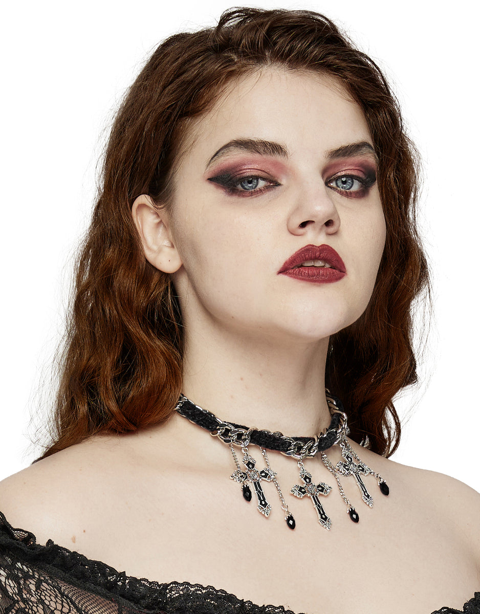 Punk Rave Womens Gothic Crucifix Choker Necklace - Black – Violent Delights