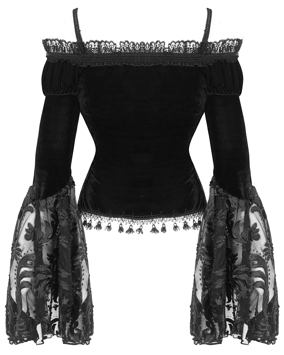 Eva Lady Dark Devore Gothic Velvet & Flocked Mesh Off Shoulder Top - B ...