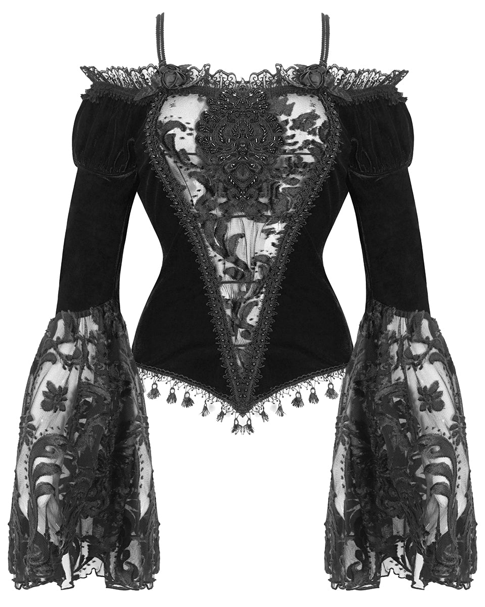 Eva Lady Dark Devore Gothic Velvet & Flocked Mesh Off Shoulder Top - B ...