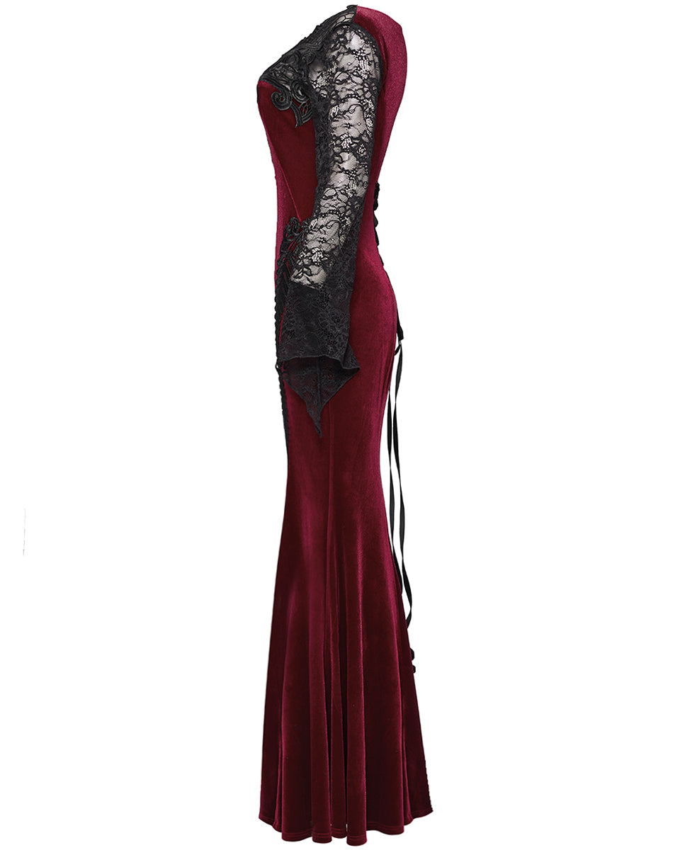 Punk Rave Womens Long Gothic Velvet & Lace Applique Maxi Dress - Red ...