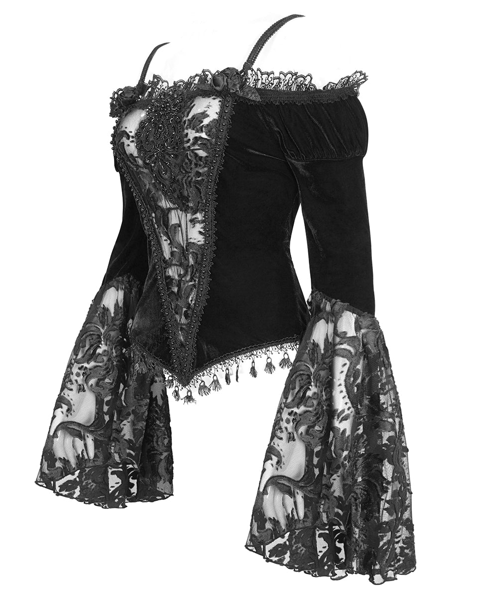 Eva Lady Dark Devore Gothic Velvet & Flocked Mesh Off Shoulder Top - B ...