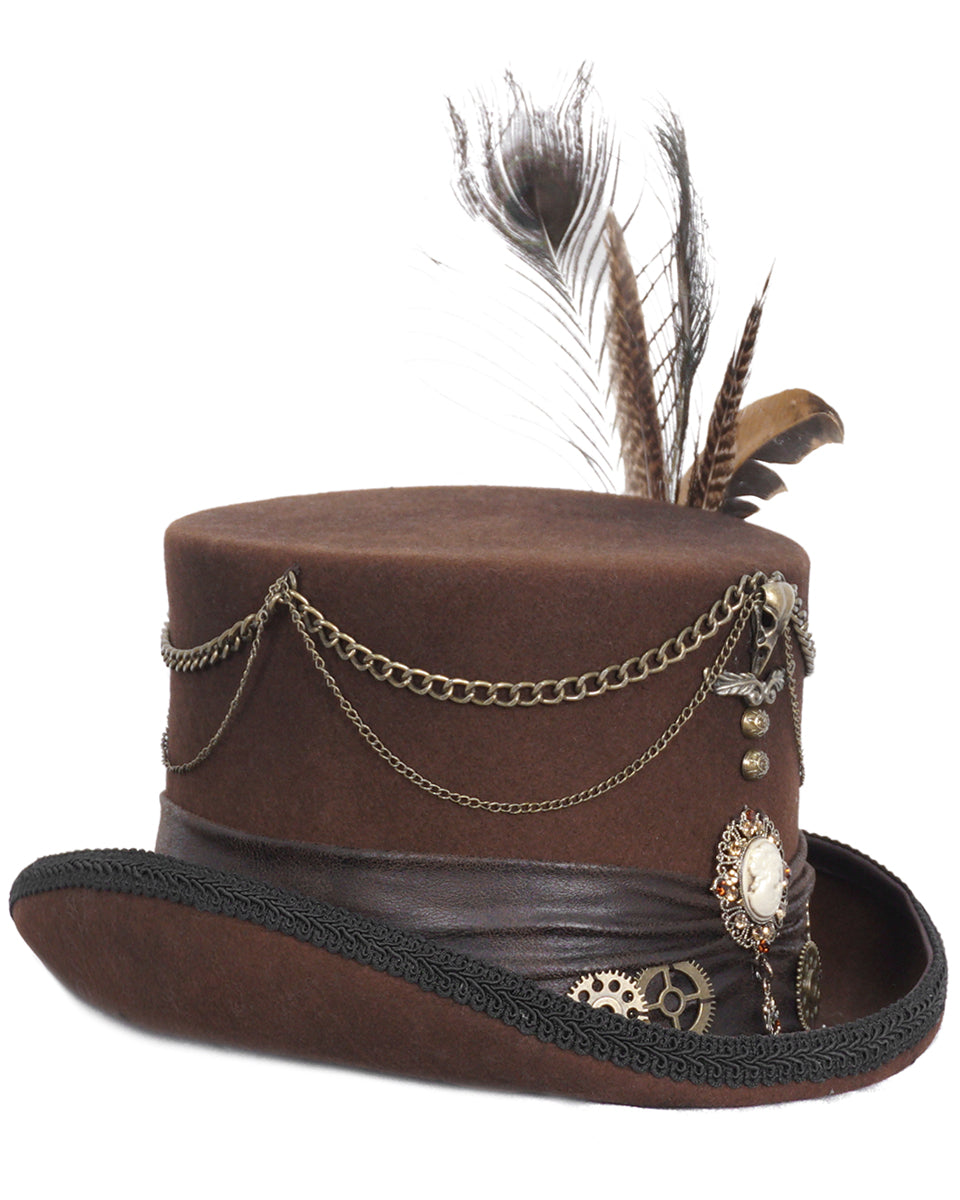 Devil Fashion Mens Steampunk Chained & Feathered Top Hat - Brown ...