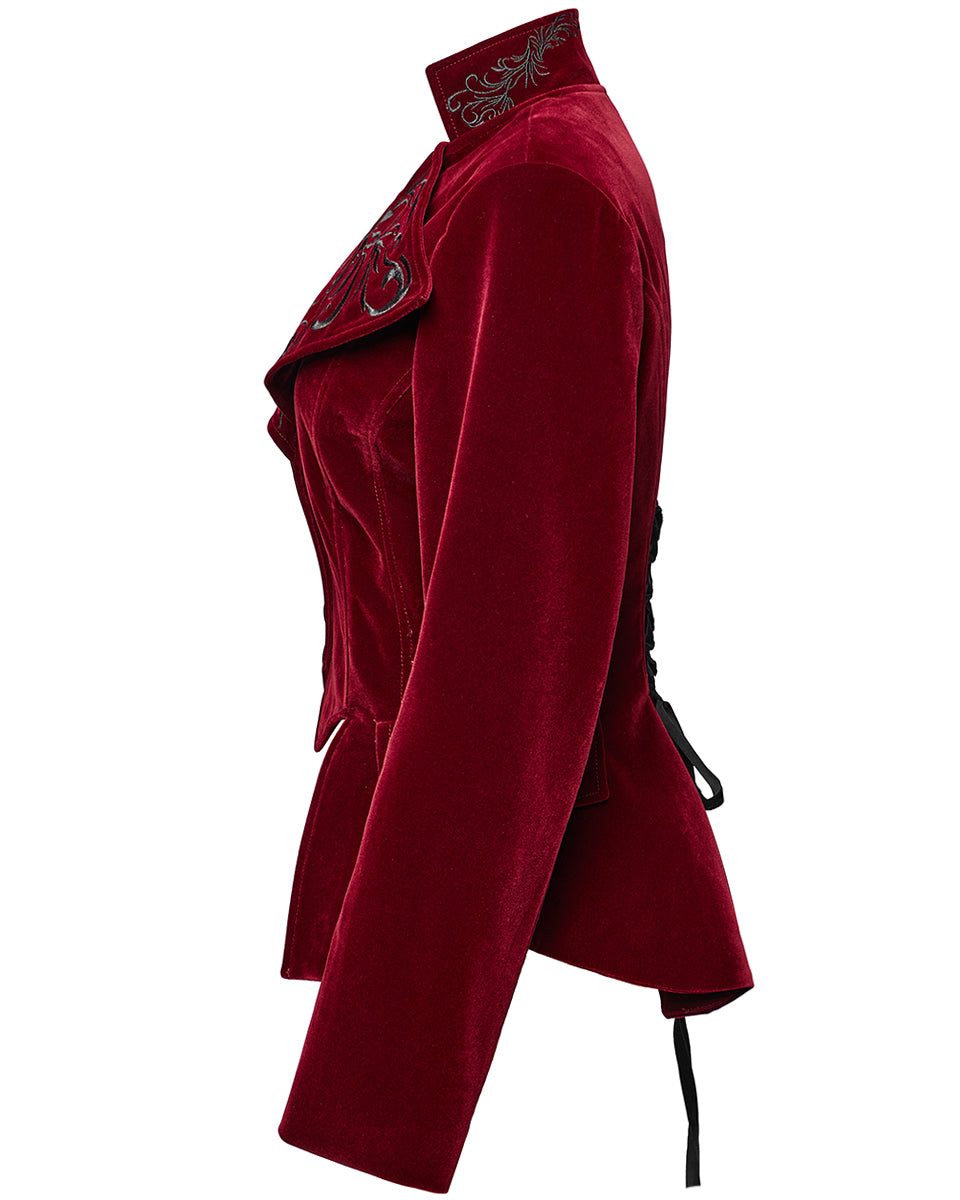 Punk Rave Womens Gothic Embroidered Velvet Cutaway Riding Jacket - Red ...