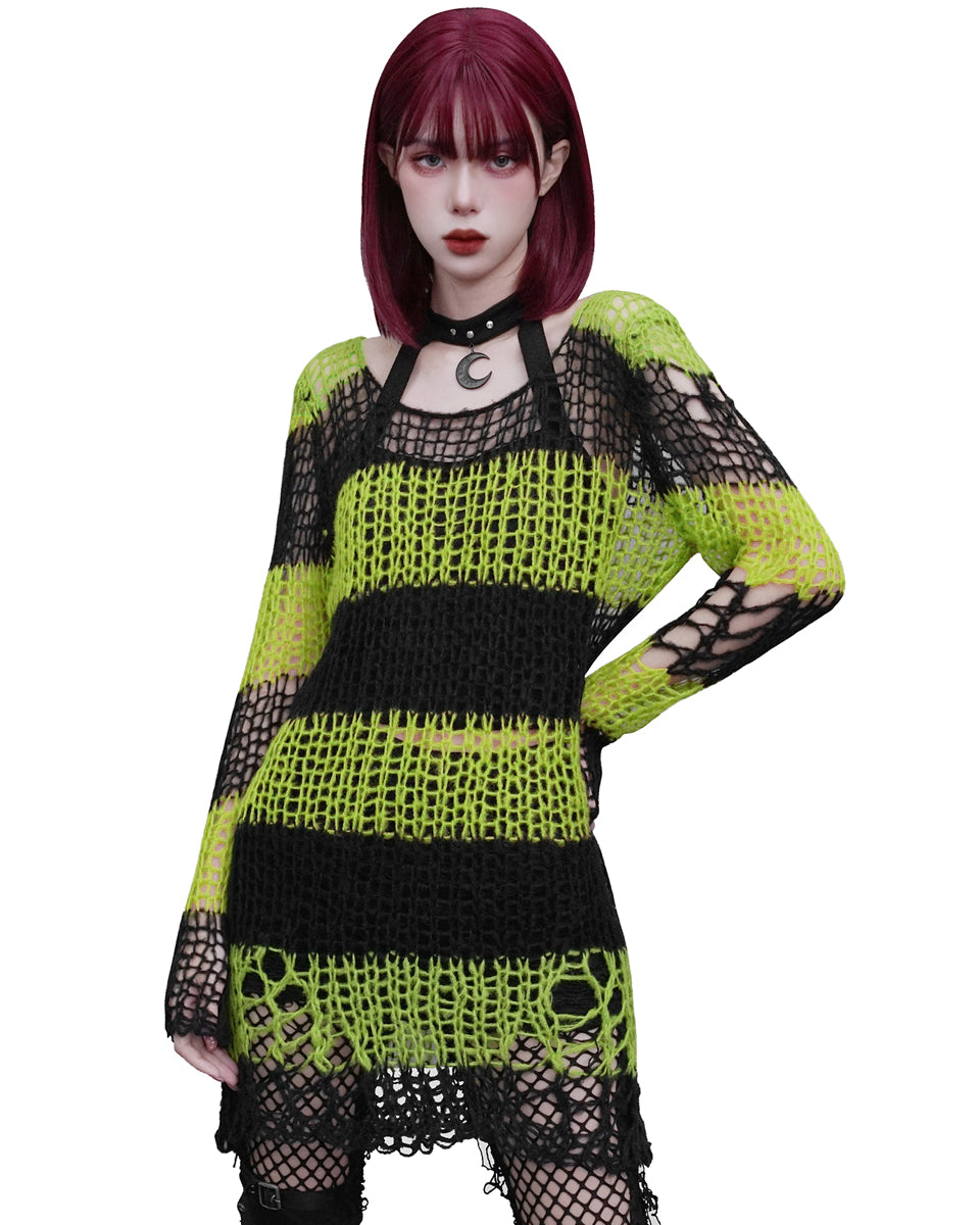 Punk Rave Womens Shredded Broken Knit Sweater Top - Black & Green Stri ...