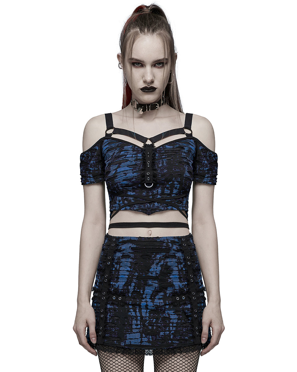 Punk Rave Womens Broken Knit Shredded Mesh Strapping Top - Black & Blu ...